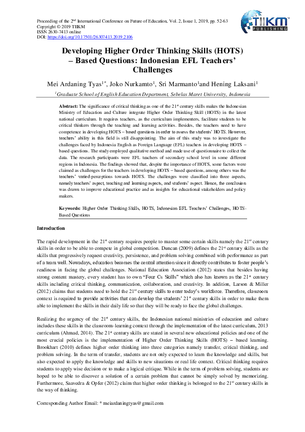 (PDF) Developing Higher Order Thinking Skills (HOTS) – Based Questions ...