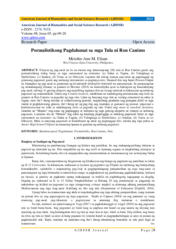 (PDF) Pormalistikong Pagdalumat sa mga Tula ni Ron Canimo