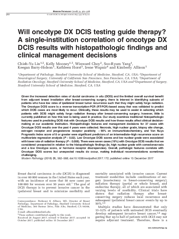 (PDF) Will oncotype DX DCIS testing guide therapy? A single-institution ...