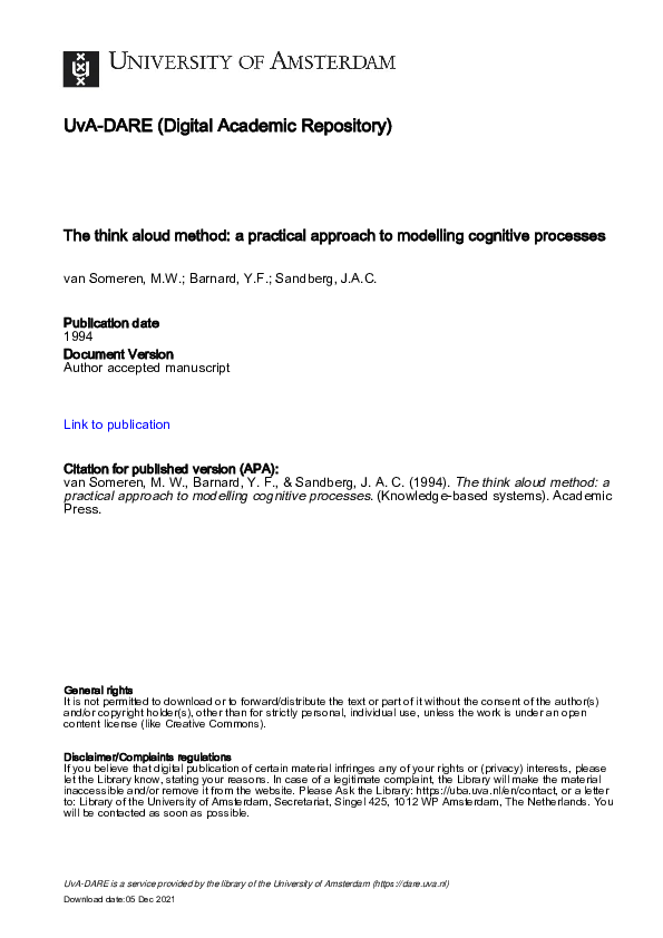 (PDF) The think aloud method: a practical approach to modelling cognitive processes
