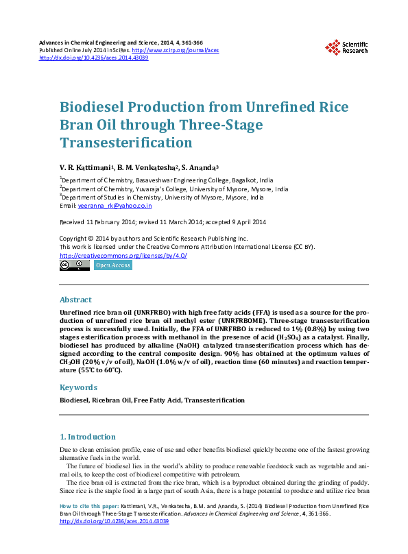 (PDF) Biodiesel Production from Unrefined Rice Bran Oil through Three ...