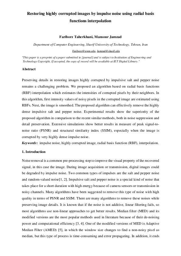 (PDF) Restoring highly corrupted images by impulse noise using radial basis functions interpolation