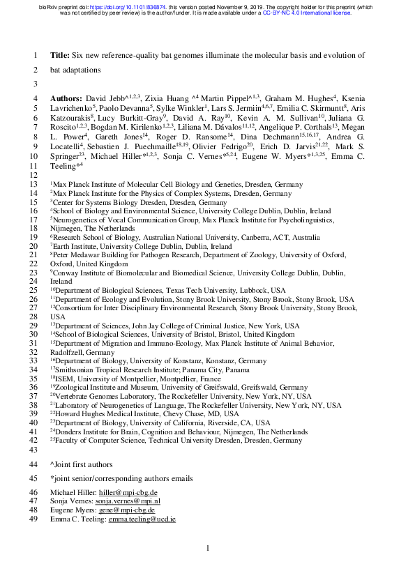 (PDF) Six new reference-quality bat genomes illuminate the molecular ...