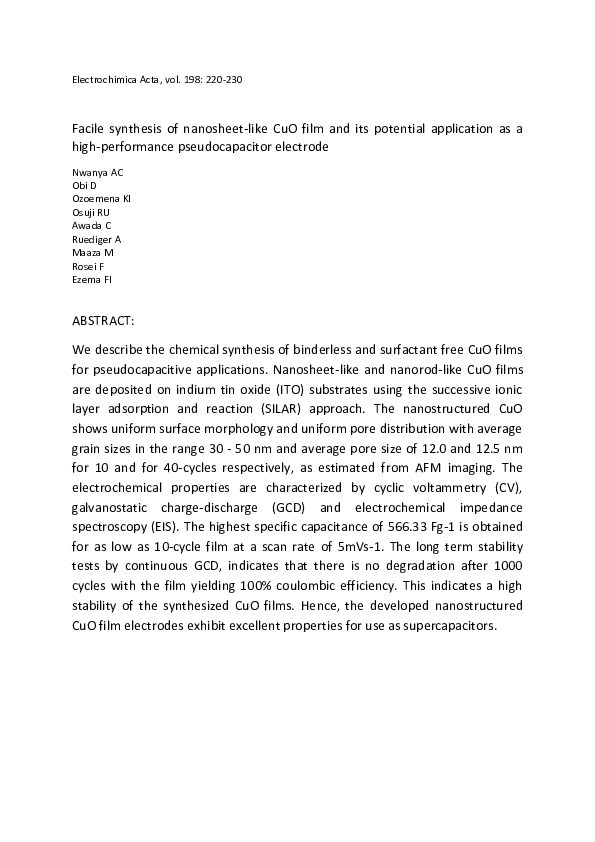 (PDF) Facile Synthesis of Nanosheet-like CuO Film and its Potential Application as a High ...