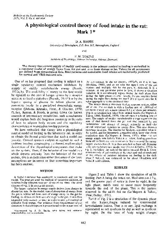 (PDF) A physiological control theory of food intake in the rat: Mark 1
