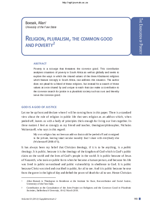 (PDF) Religion, pluralism, the common good and poverty