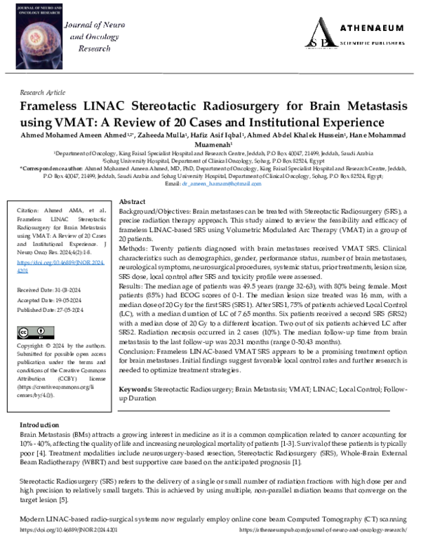 (PDF) Frameless LINAC Stereotactic Radiosurgery for Brain Metastasis ...