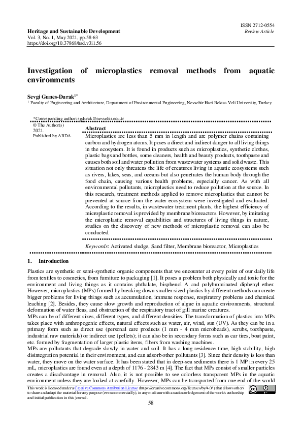 Pdf Investigation Of Microplastics Removal Methods From Aquatic Environments Sevgi Güneş