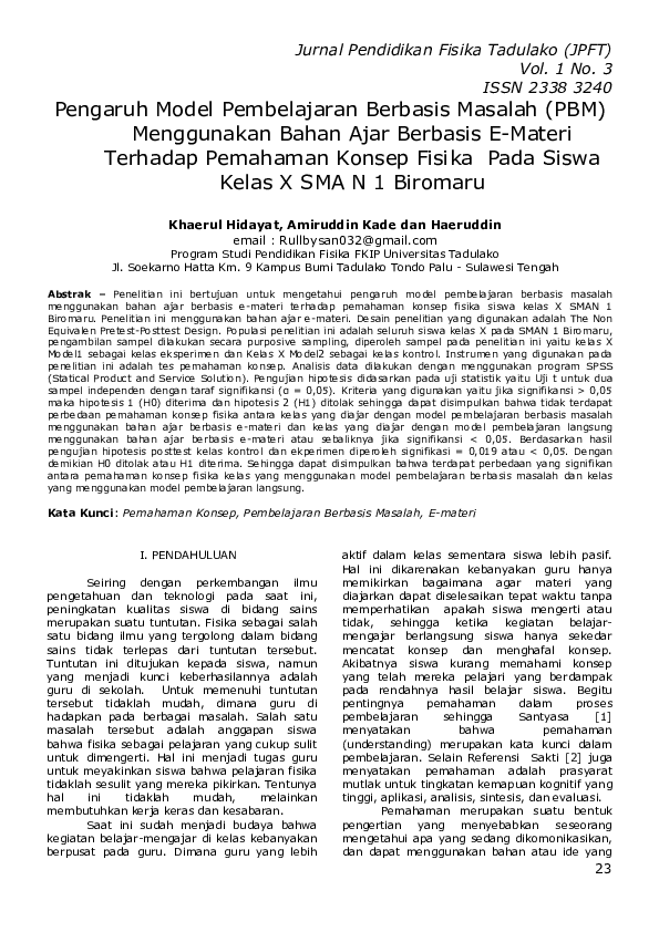 (PDF) Pengaruh Model Pembelajaran Berbasis Masalah (PBM) Menggunakan Bahan Ajar Berbasis E ...