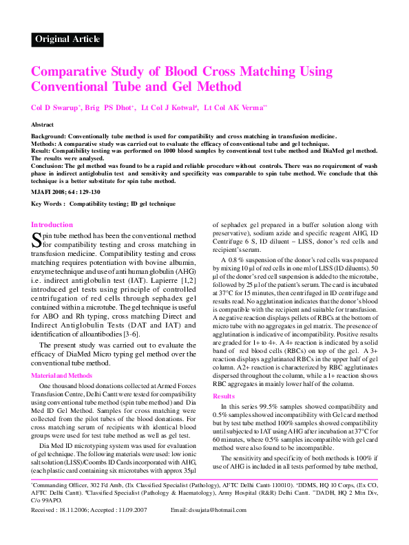(PDF) Comparative Study of Blood Cross Matching Using Conventional Tube and Gel Method | Jyoti ...