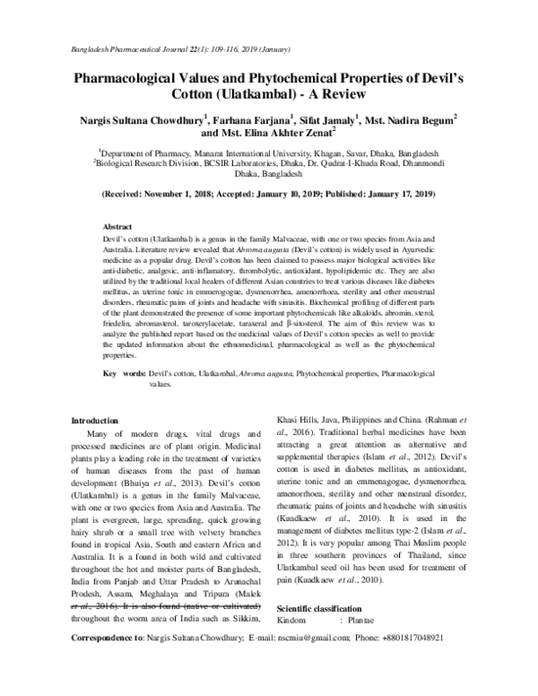 (PDF) Pharmacological Values and Phytochemical Properties of Devil’s Cotton (Ulatkambal) - A ...