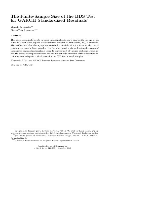 (PDF) The Finite-Sample Size of the BDS Test for GARCH Standardized ...