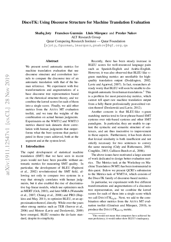 (PDF) DiscoTK: Using Discourse Structure for Machine Translation Evaluation