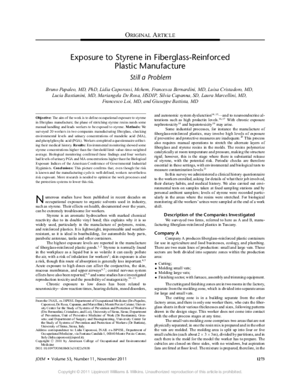 (PDF) Exposure to Styrene in Fiberglass-Reinforced Plastic Manufacture