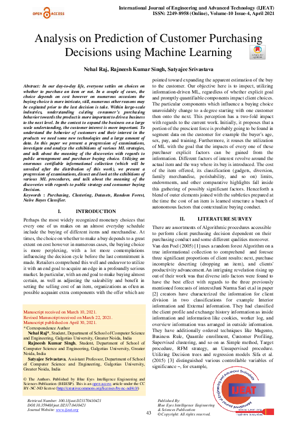 (PDF) Analysis on Prediction of Customer Purchasing Decisions using Machine Learning