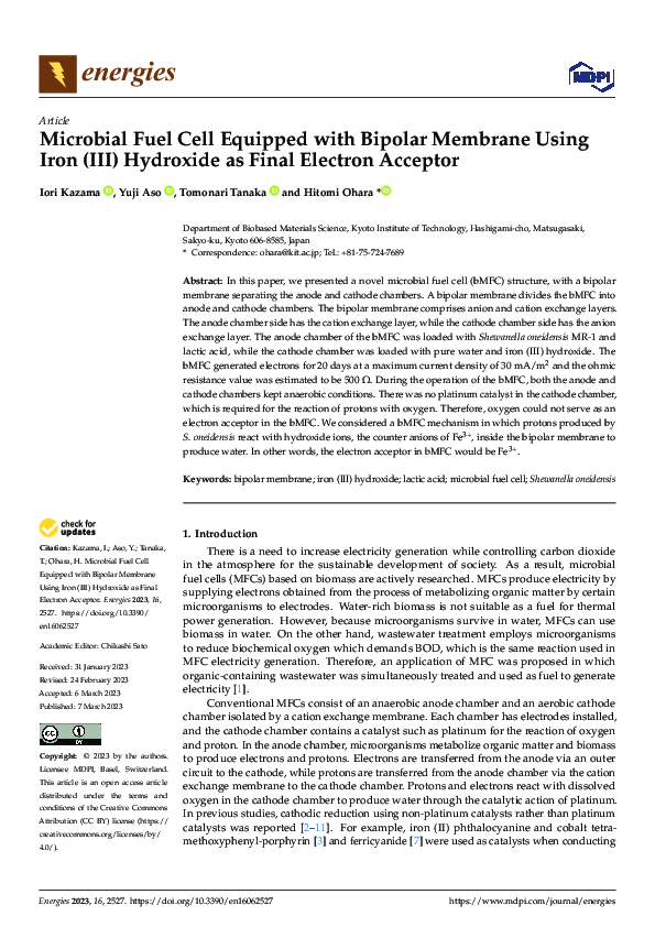 (PDF) Microbial Fuel Cell Equipped with Bipolar Membrane Using Iron (III) Hydroxide as Final ...