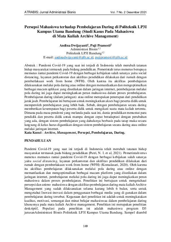 (PDF) Persepsi Mahasiswa terhadap Pembelajaran Daring di Politeknik LP3I Kampus Utama Bandung ...