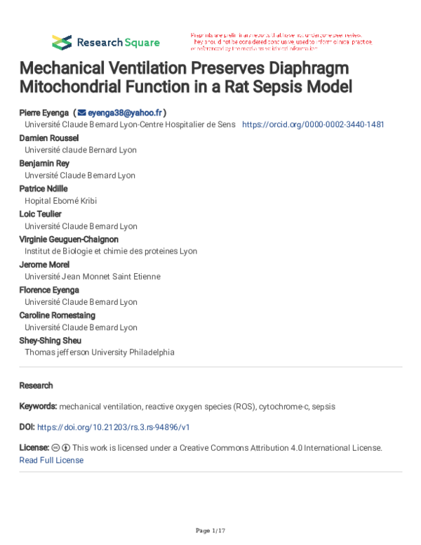 (PDF) Mechanical Ventilation Preserves Diaphragm Mitochondrial Function ...