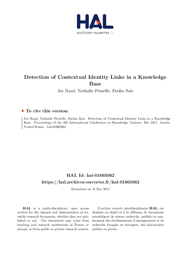 (PDF) Detection of Contextual Identity Links in a Knowledge Base