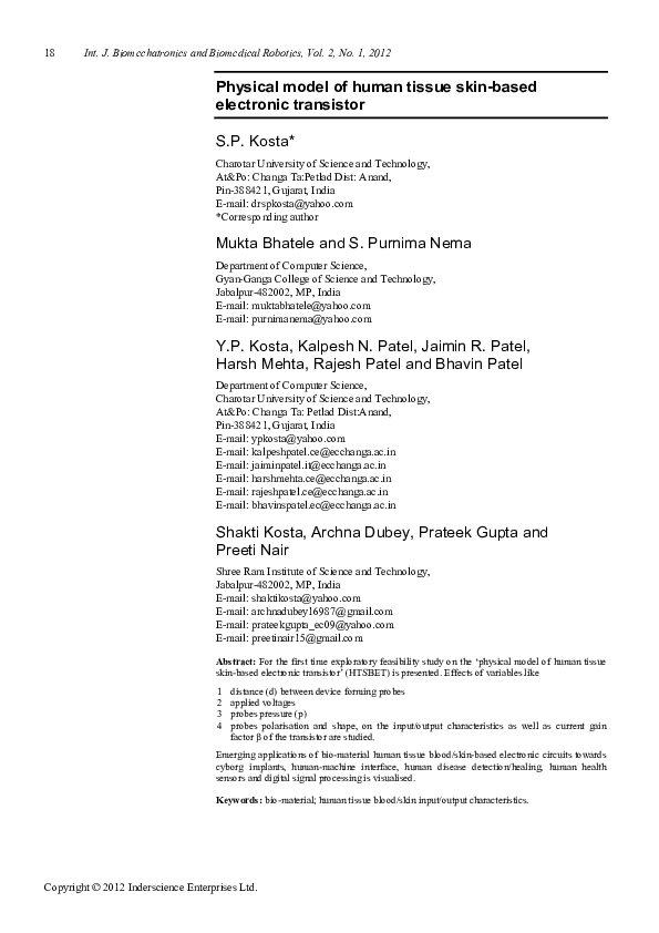 (PDF) Physical model of human tissue skin-based electronic transistor