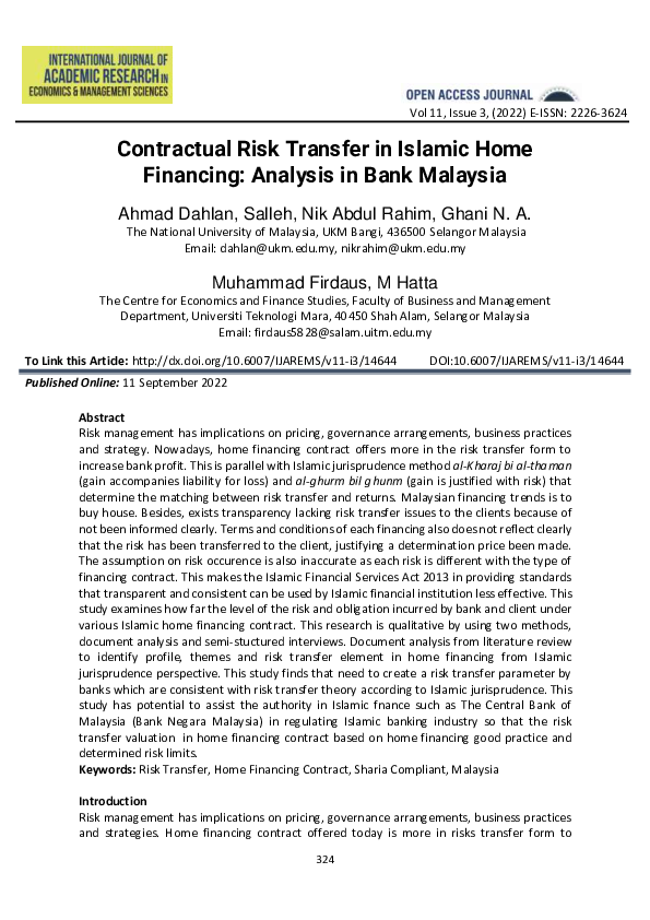 (PDF) Contractual Risk Transfer in Islamic Home Financing: Analysis in ...