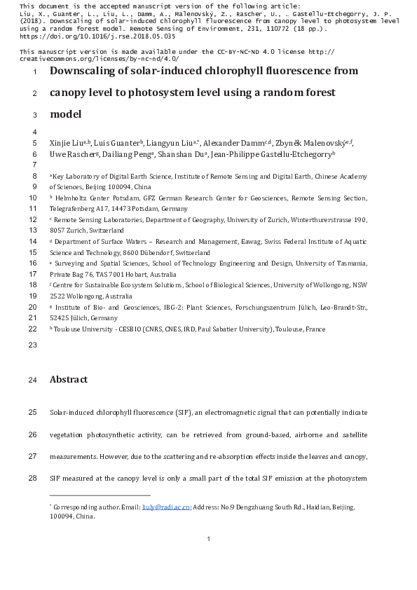 (PDF) Downscaling of solar-induced chlorophyll fluorescence from canopy level to photosystem ...