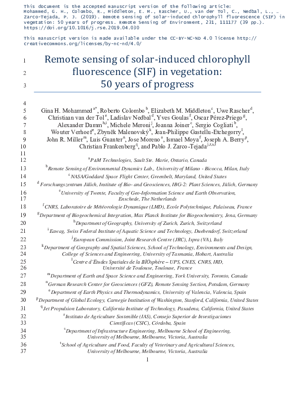 (PDF) Remote sensing of solar-induced chlorophyll fluorescence (SIF) in ...