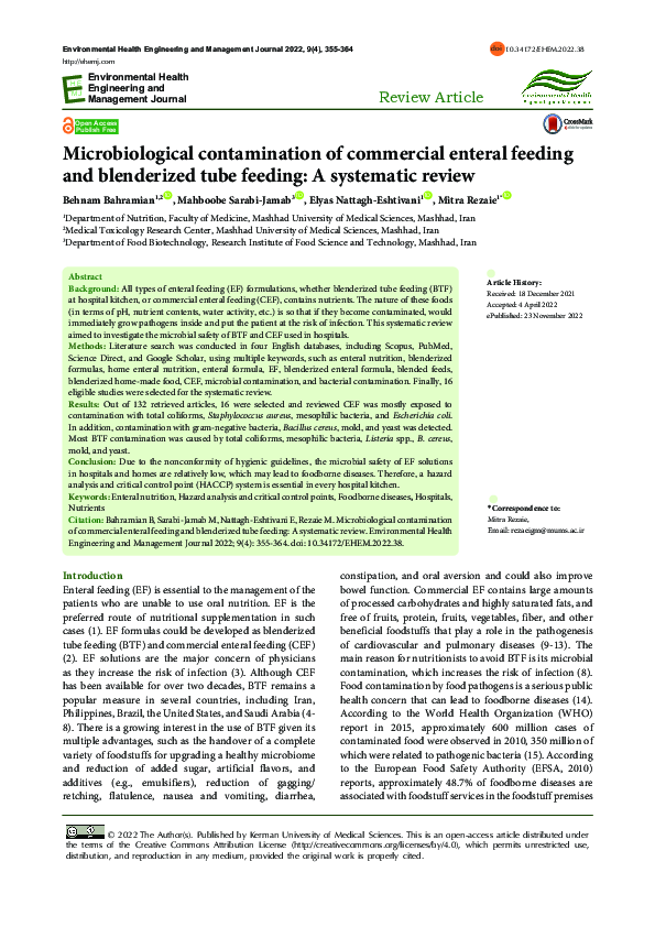 (PDF) Microbiological contamination of commercial enteral feeding and blenderized tube feeding ...