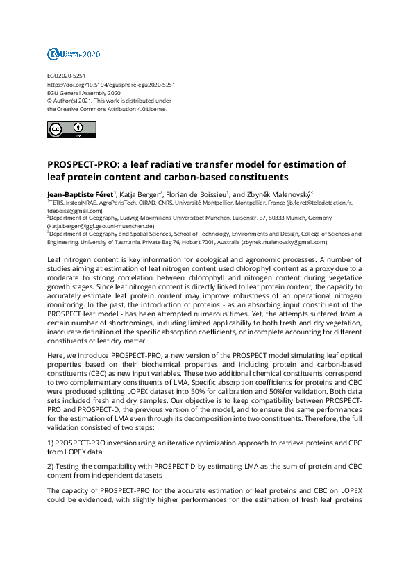 (PDF) PROSPECT-PRO: a leaf radiative transfer model for estimation of ...