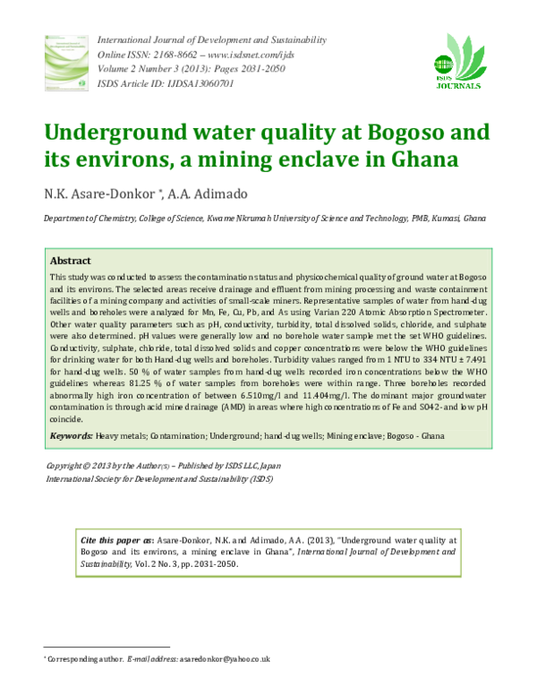 (PDF) Underground water quality at Bogoso and its environs, a mining ...