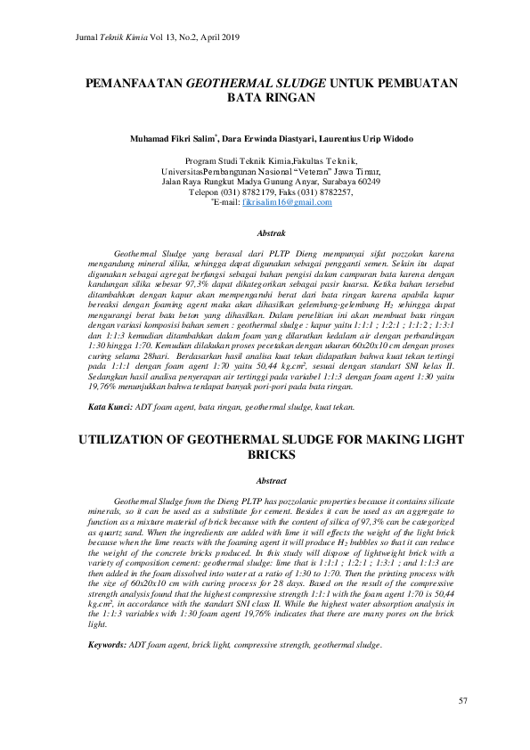 (PDF) Pemanfaatan Geothermal Sludge Untuk Pembuatan Bata Ringan