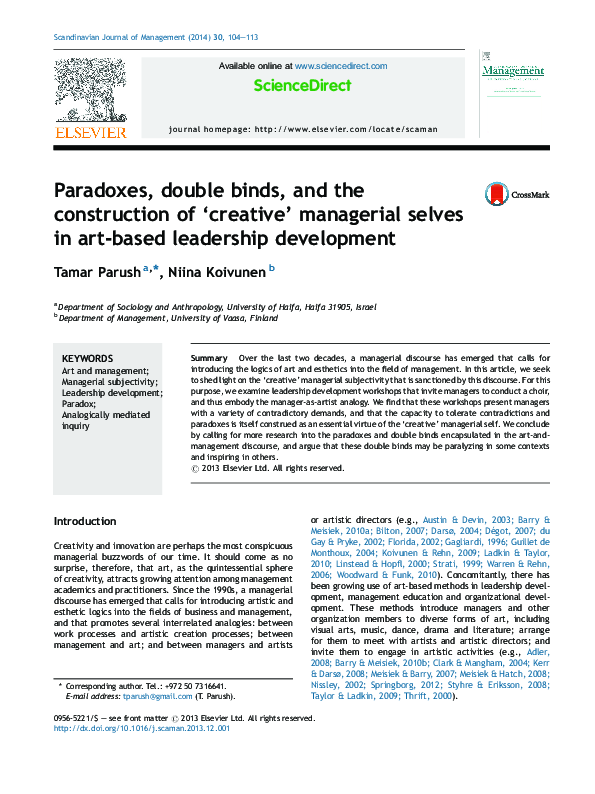 (PDF) Paradoxes, double binds, and the construction of ‘creative’ managerial selves in art-based ...