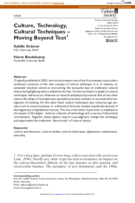 (PDF) Culture, Technology, Cultural Techniques