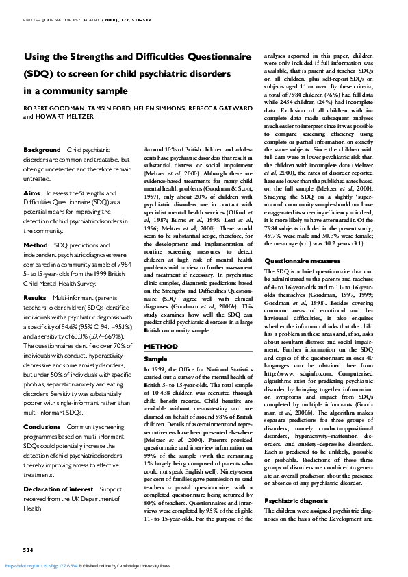(PDF) Using the Strengths and Difficulties Questionnaire (SDQ) to ...