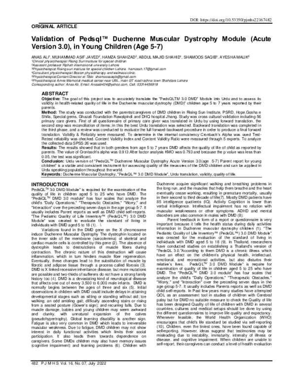 (PDF) Validation of Pedsql™ Duchenne Muscular Dystrophy Module (Acute ...