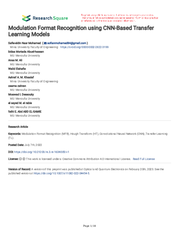 (PDF) Modulation Format Recognition using CNN-Based Transfer Learning Models