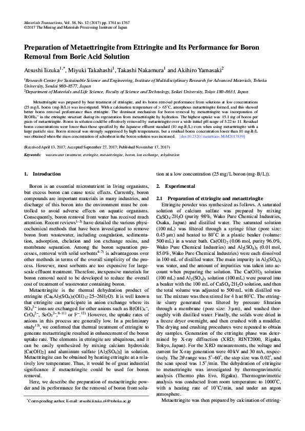 (PDF) Preparation of Metaettringite from Ettringite and Its Performance ... (PDF) Preparation of Metaettringite from Ettringite and Its Performance ...