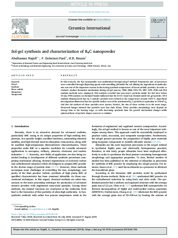 (PDF) Sol-gel synthesis and characterization of B4C nanopowder