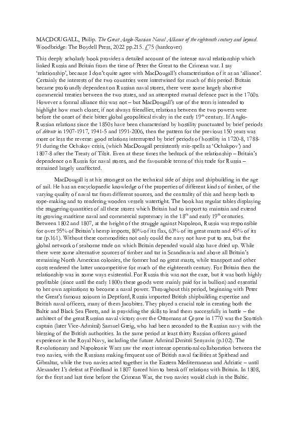 (PDF) Review of Macdougall 'The Great Anglo-Russian Naval Alliance'
