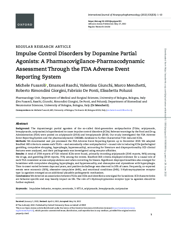 (PDF) Impulse Control Disorders by Dopamine Partial Agonists: A Pharmacovigilance ...