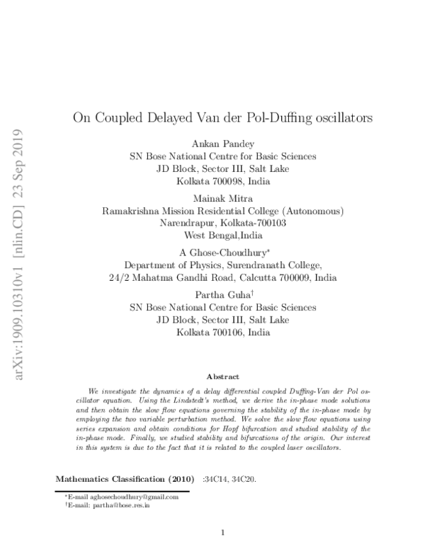 (PDF) On Coupled Delayed Van der Pol-Duffing Oscillators | Partha Guha - Academia.edu