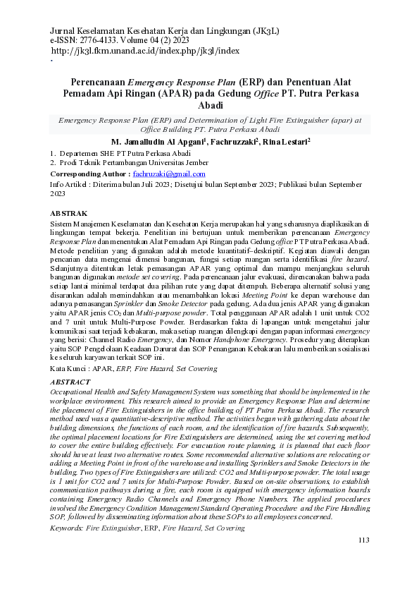 (PDF) Perencanaan Emergency Response Plan (ERP) dan Penentuan Alat Pemadam Api Ringan (APAR ...