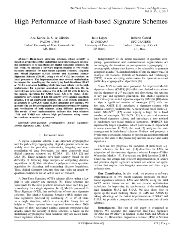 (PDF) High Performance of Hash-based Signature Schemes