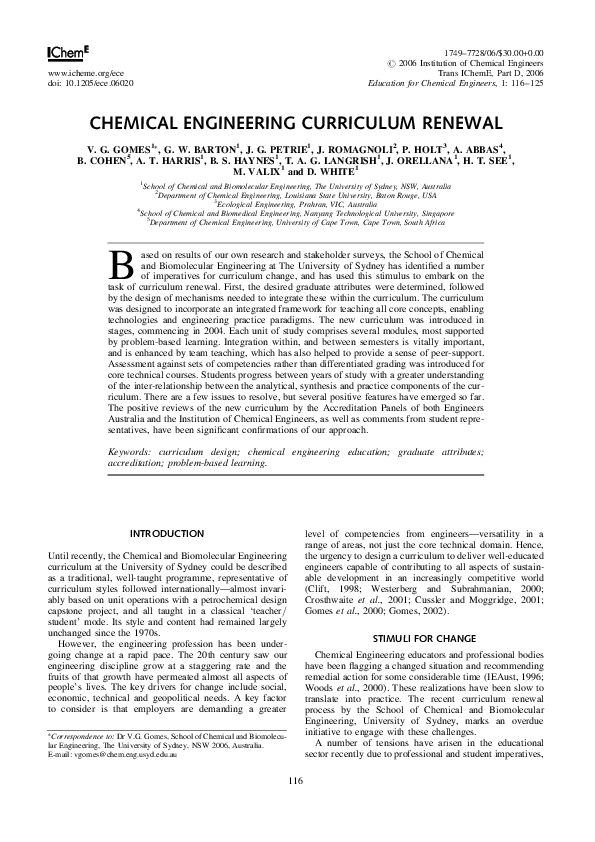 (PDF) Chemical Engineering Curriculum Renewal