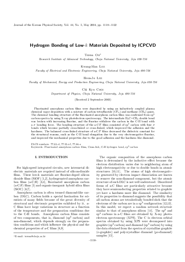(PDF) Hydrogen Bonding of Low-k Materials Deposited by ICPCVD