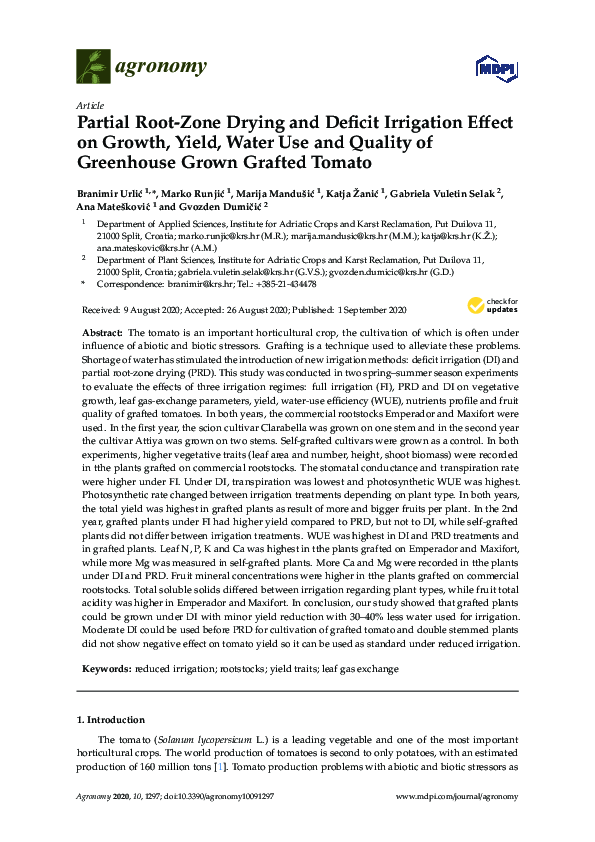 Pdf Partial Root Zone Drying And Deficit Irrigation Effect On Growth