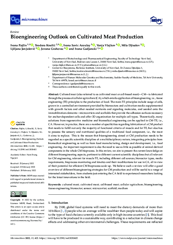 (PDF) Bioengineering Outlook on Cultivated Meat Production
