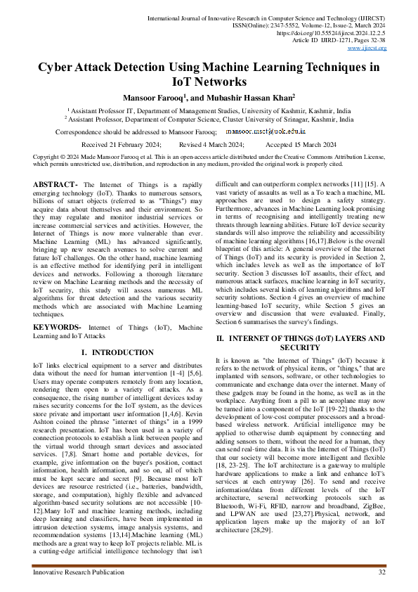 (PDF) Cyber Attack Detection Using Machine Learning Techniques in IoT Networks