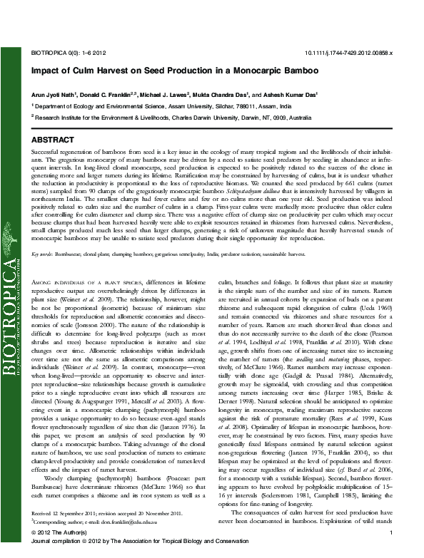 (PDF) Impact of Culm Harvest on Seed Production in a Monocarpic Bamboo ...