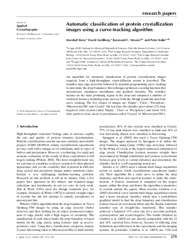 Pdf Automatic Classification Of Protein Crystallization Images Using A Curve Tracking Algorithm